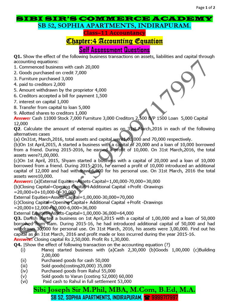 Class 11 Accountancy: Accounting Equations | PDF | Expense | Equity ...