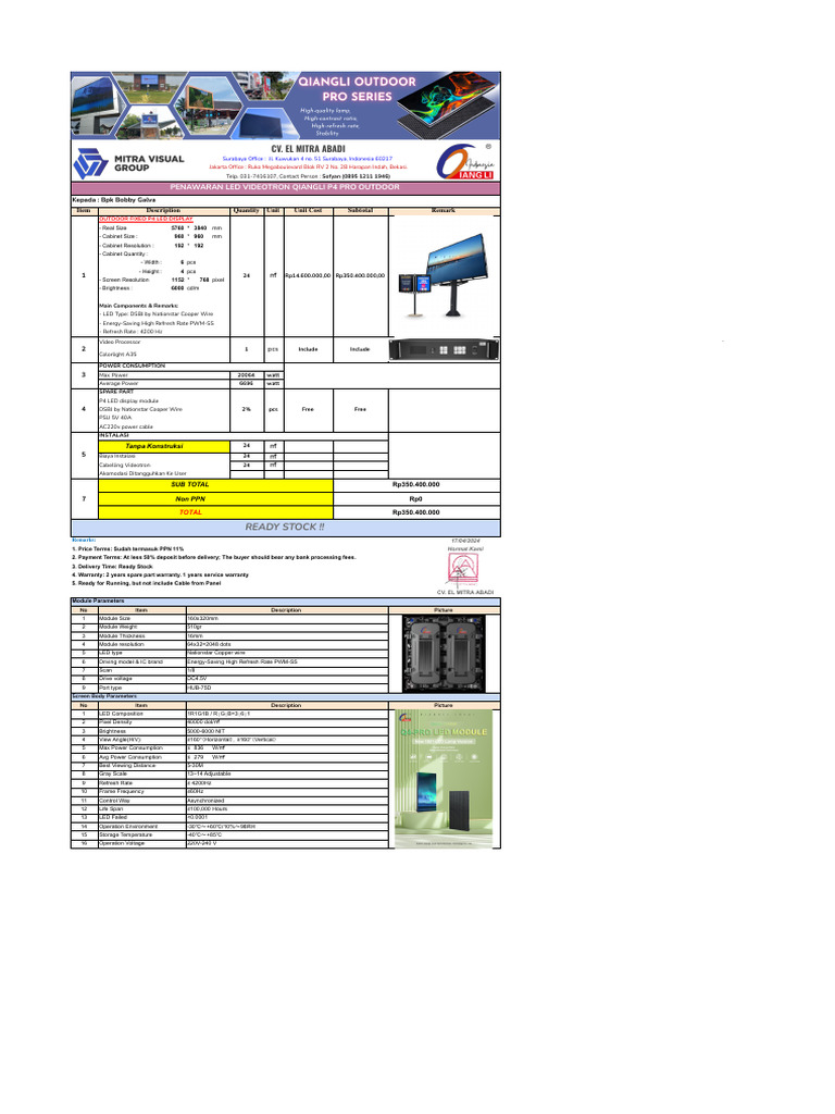 SOFYAN PENAWARAN QIANGLI PRO LED 2024 - P4 Pro Outdoor 6x4 | PDF | Electronic Engineering | Imaging