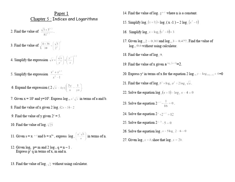 Indices and Logarithms Exercises | PDF | Teaching Methods & Materials
