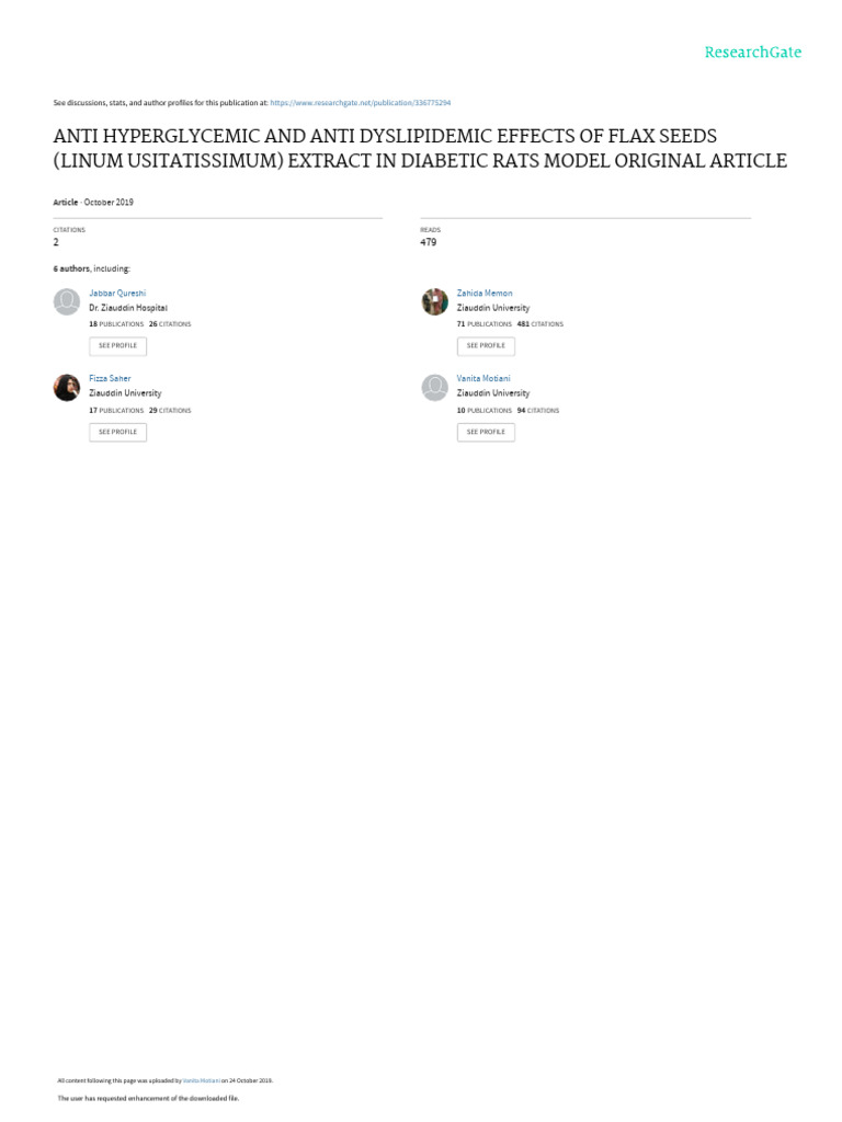 Anti Hyperglycemic and Anti Dyslipidemic Effects of Flax Seeds (Linum Usitatissimum) Extract in ...