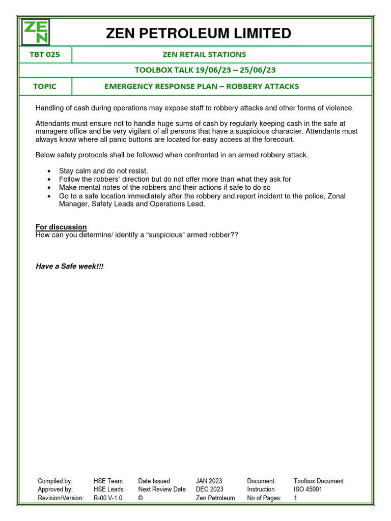 Emergency Response Plan for Robberies | PDF