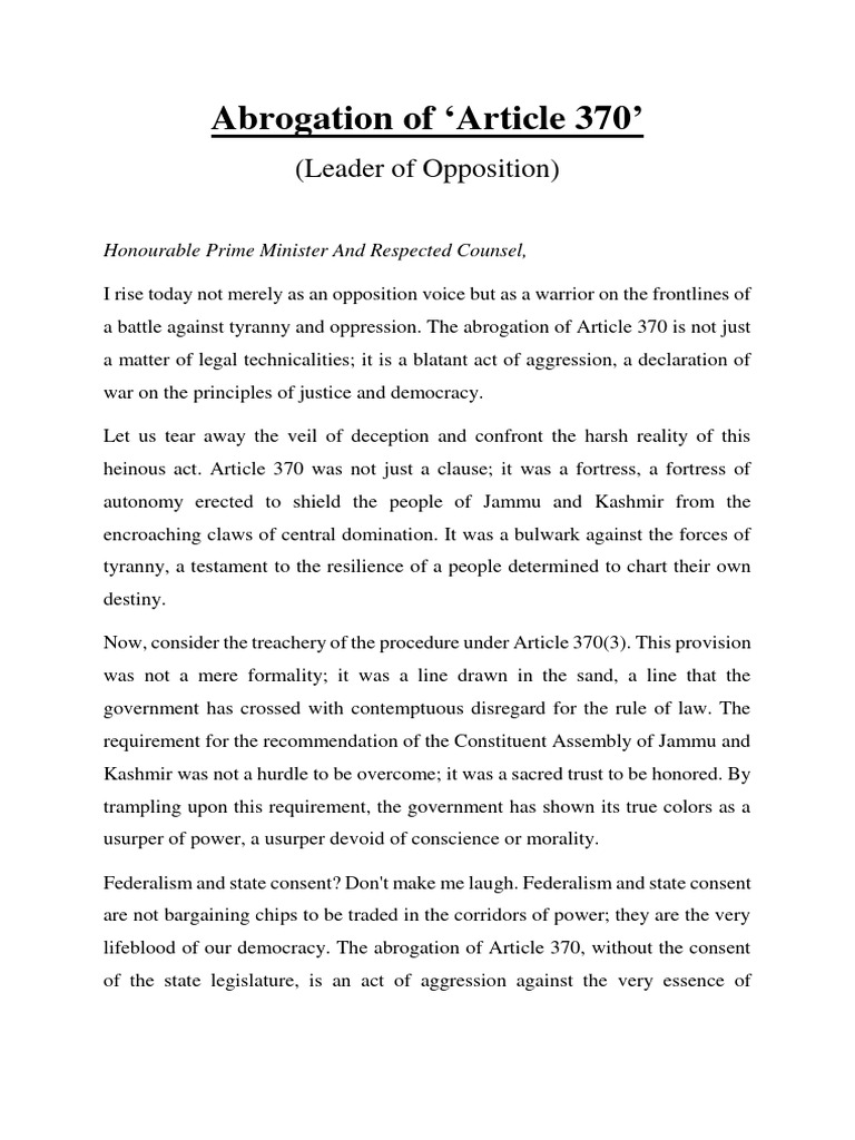 Speech For Parlimentary Debate For Article 370 | PDF | Government ...