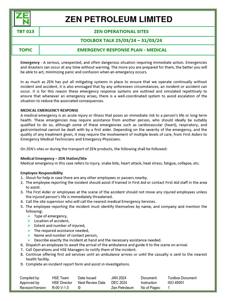 TBT 013 - EMERGENCY RESPONSE PLAN - MEDICAL | PDF | Emergency | First Aid