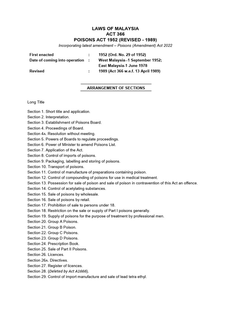 Poisons Act 1952 Act 366 Edit A1666 Clean | PDF | Medical Prescription ...