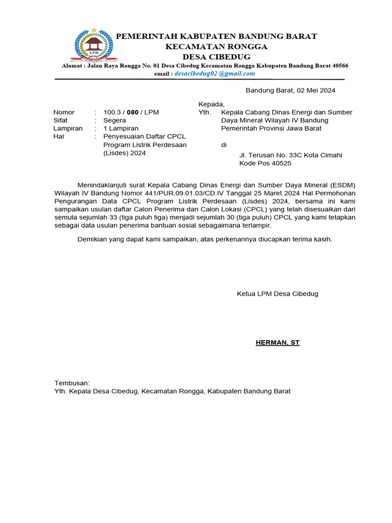 Draft Surat Balasan Penyesuaian Data CPCL Desa Cibedug | PDF