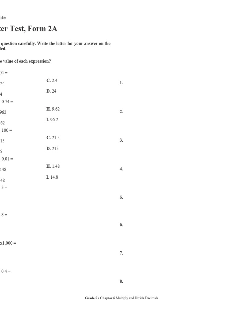 Chapter Test Form 2A (1) Multiply ONLY | PDF | Arithmetic