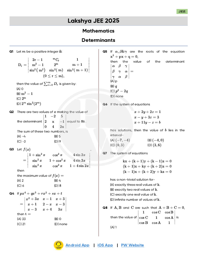 JEE 2025 Determinants Solutions | PDF | Discrete Mathematics | Number Theory