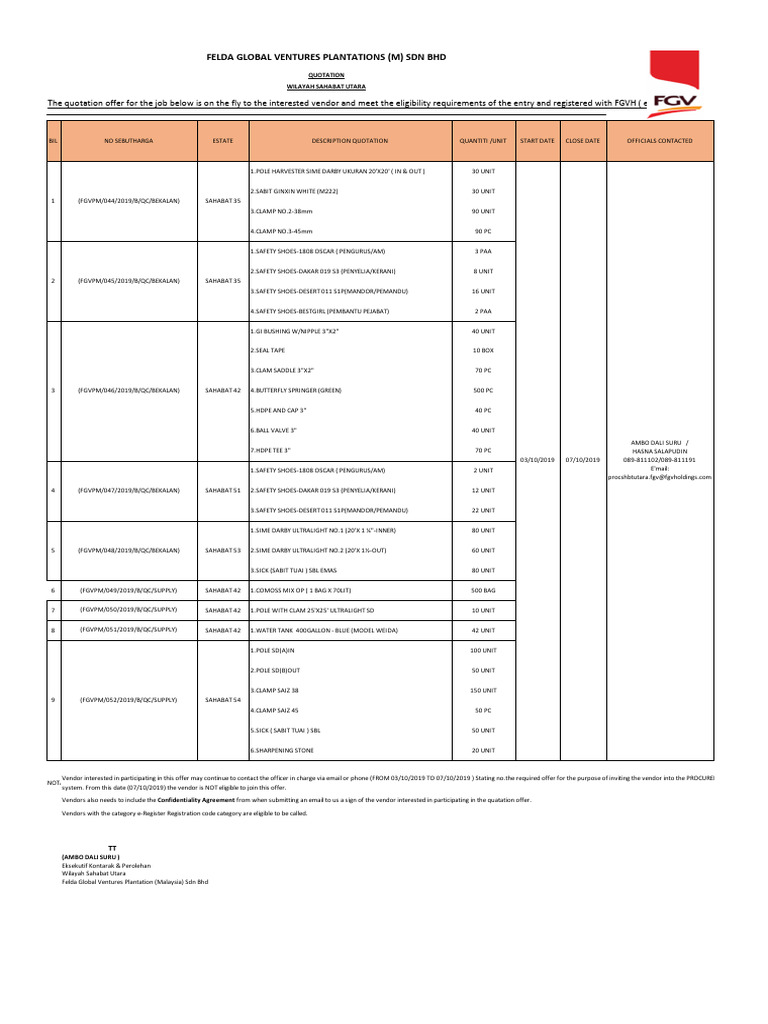 FGVH Quotation Offer for Vendors | PDF