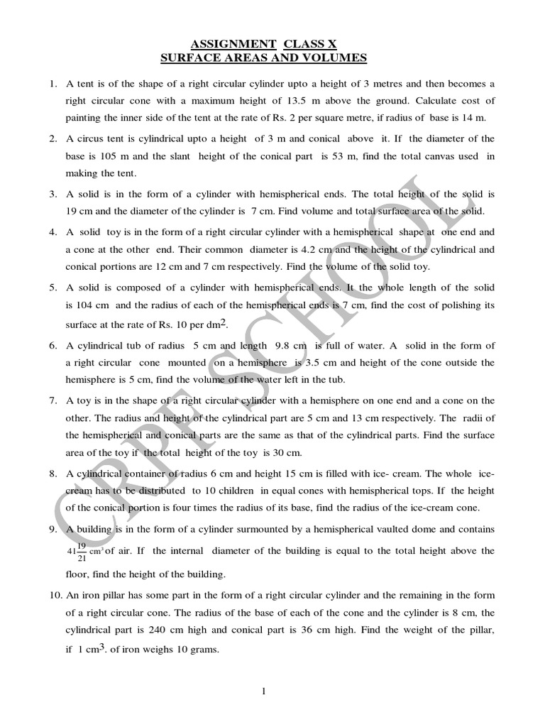 Assignment Class X Srface Area and Volume CRPF | PDF | Sphere | Classical Geometry