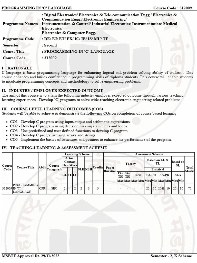 312009-Programming in 'C' Language | PDF | Control Flow | Pointer (Computer Programming)