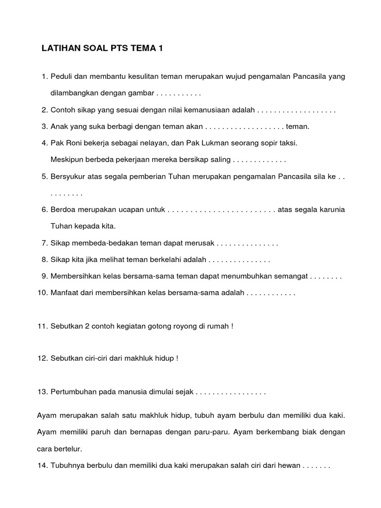 Latihan Soal Pts Kelas 3 Tema 1 | PDF