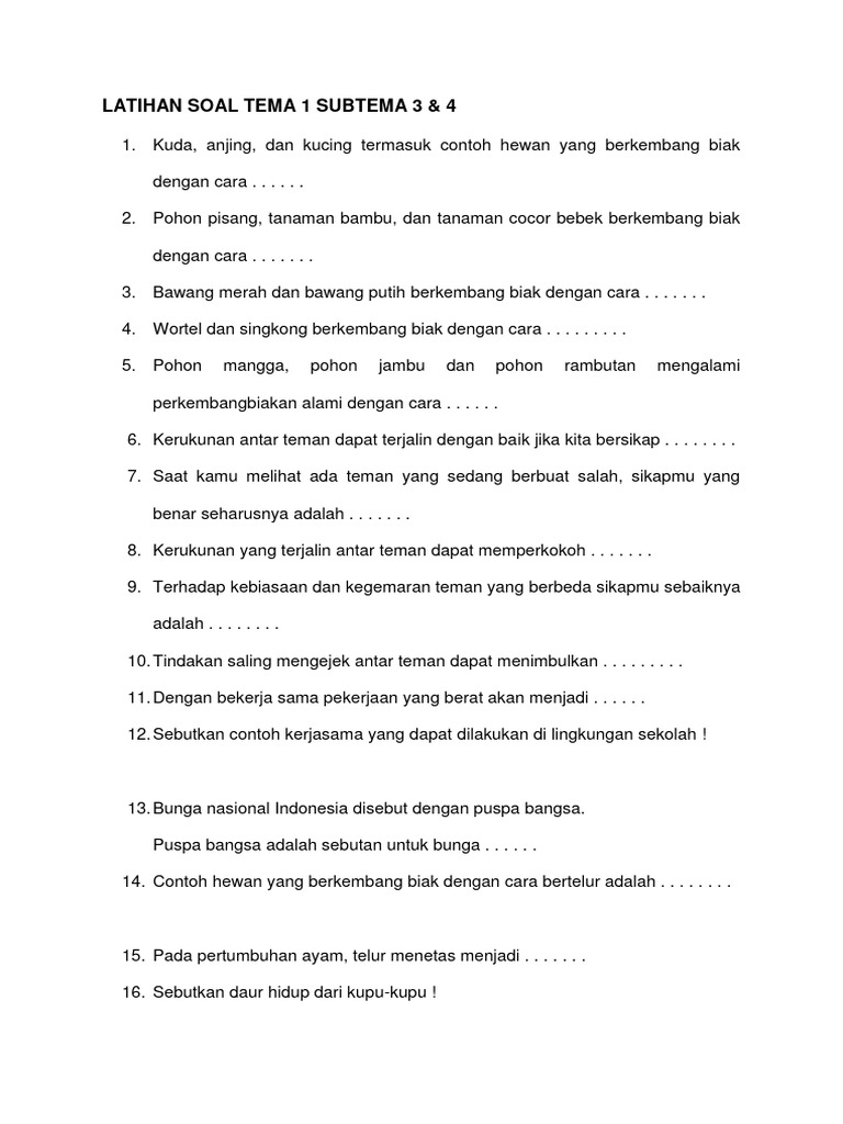 Kelas 3 Latihan Soal Tema 1 Subtema 3 & 4 | PDF