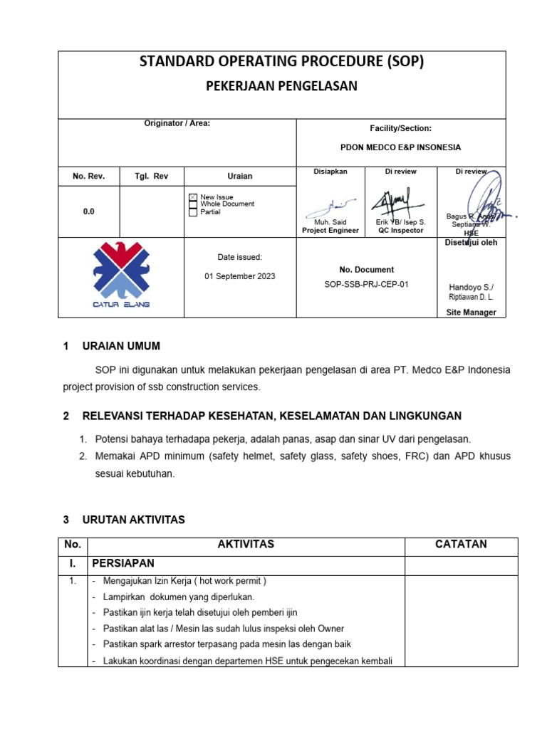 SOP-SSB-PRJ-CEP-01 Pengelasan | PDF