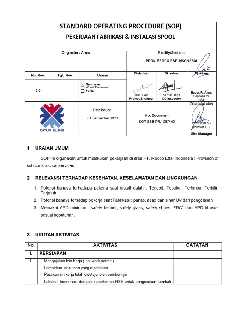 SOP-SSB-PRJ-CEP-03 Fabrikasi & Installasi Spool | PDF