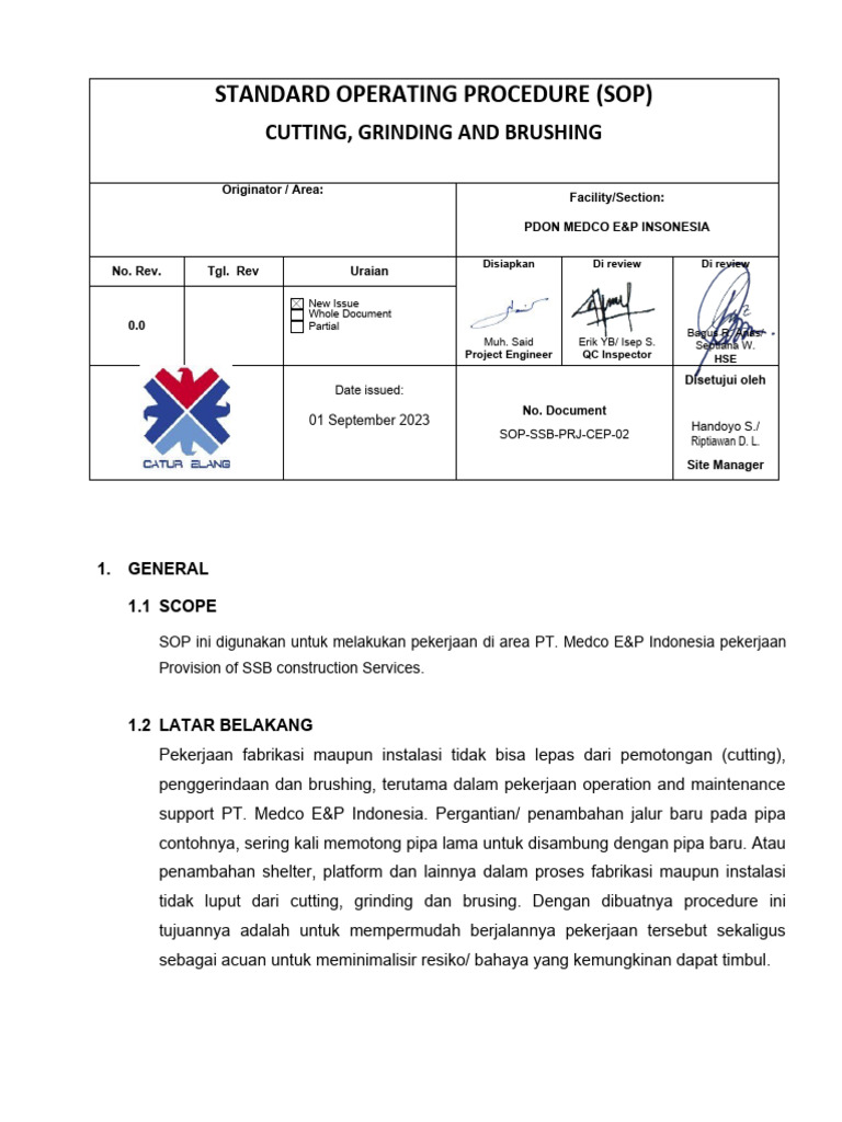 SOP-SSB-PRJ-CEP-02 Cutting, Grinding & Brushing | PDF