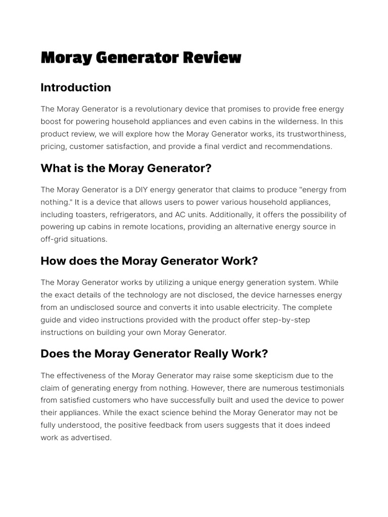 Moray Generator Review | PDF | Home Appliance | Off The Grid