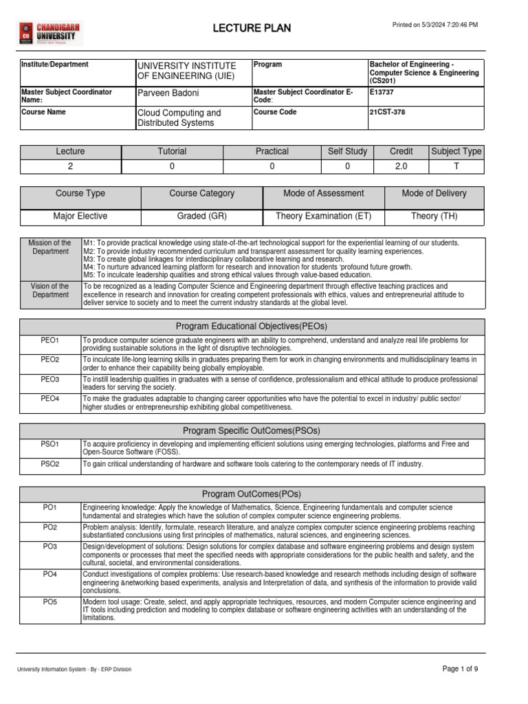 LecturePlan CS201 21CST-378 | PDF | Cloud Computing | Engineering