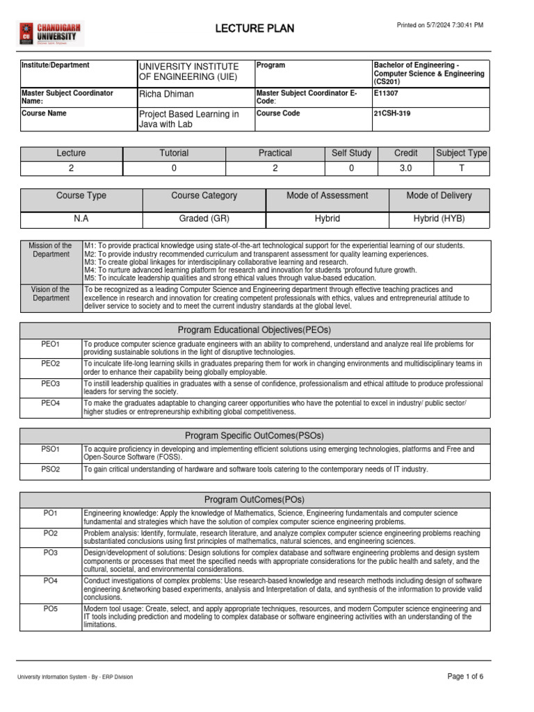 LecturePlan CS201 21CSH-319 | PDF | Engineering | Java (Programming ...
