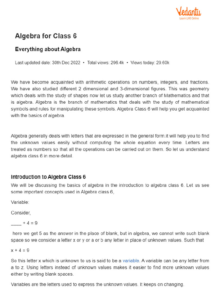 Algebra for Class 6 | PDF