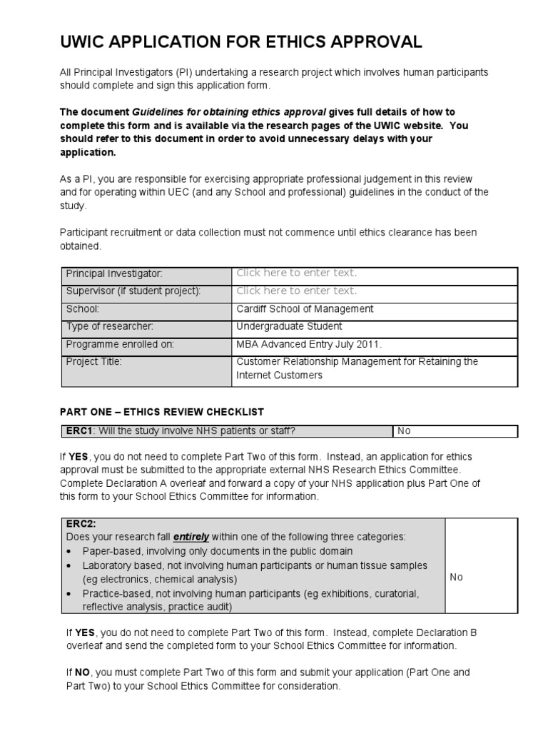 Ethics Application Form MBA Adv Entry July 2011 | PDF | Institutional ...