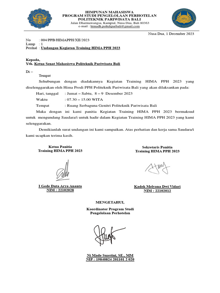 Surat Undangan Senat Mahasiswa Training Hima 2023 (Fixxx) | PDF