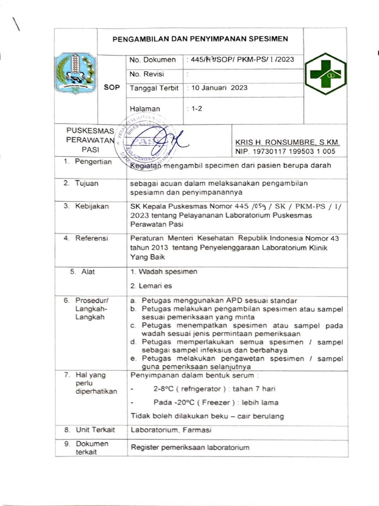 SOP Pengambilan Dan Penyimpanan Spesimen | PDF