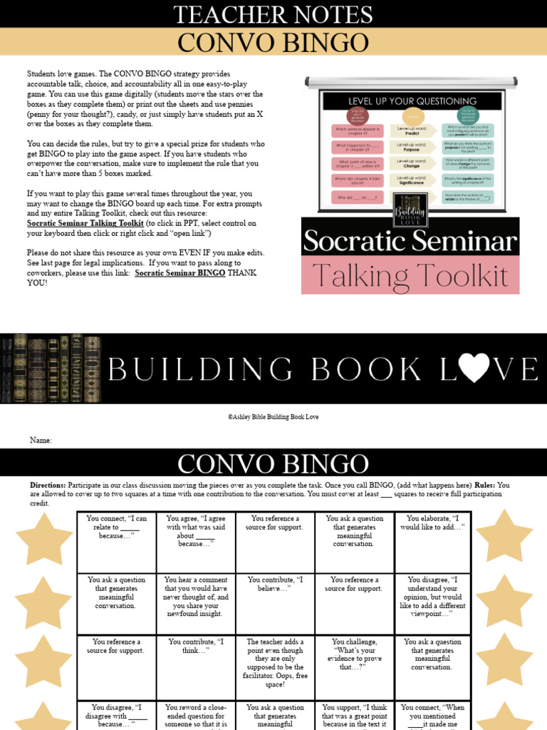 Convo Bingo: Socratic Seminar Talking Toolkit (To Click in PPT, Select ...