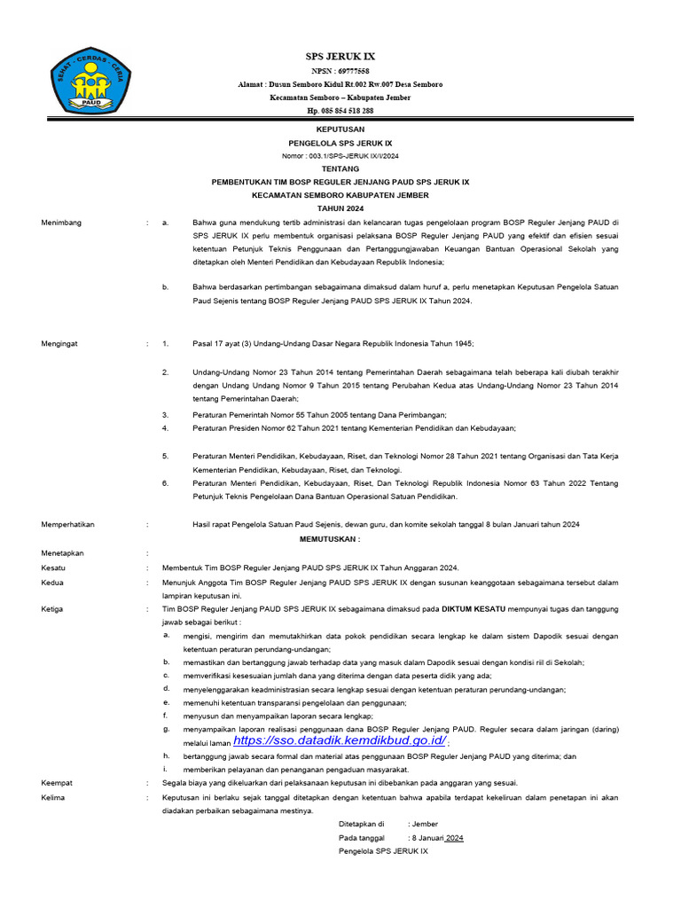 Contoh SK Tim BOSP Reguler 2023 | PDF