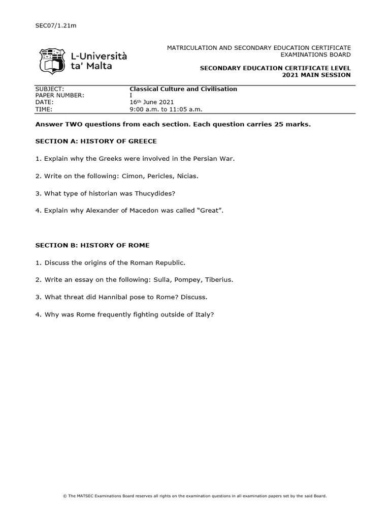 2021 Classical Culture Exam Questions | PDF | Greek Mythology | Odyssey