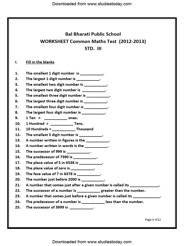 Cbse Class 3 Mathematics Practice Test Pdf Numbers Mathematics