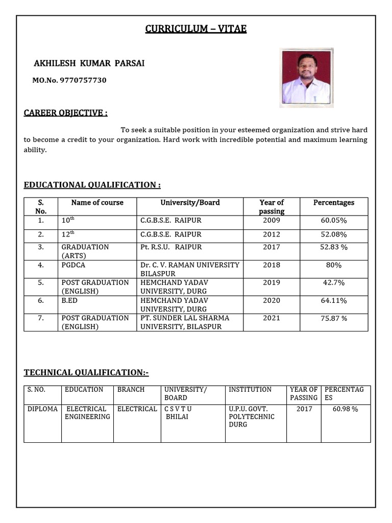 Curriculum - Vitae: Akhilesh Kumar Parsai | PDF