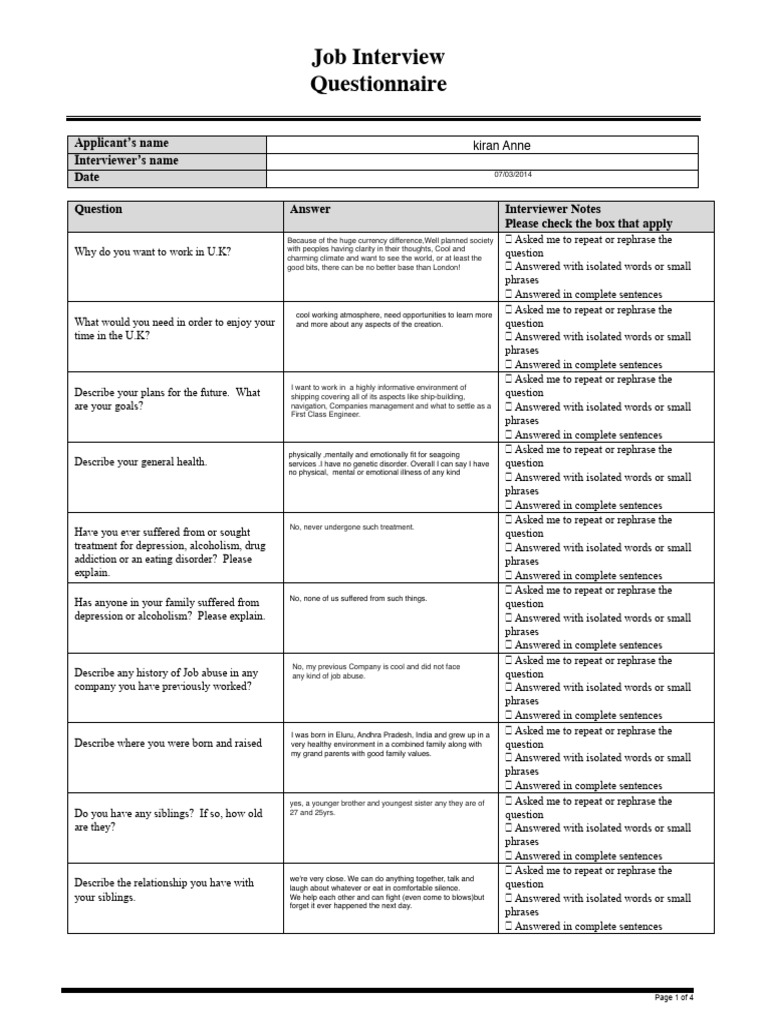 Job Interview Questionnaire | PDF | English Language | Vocabulary