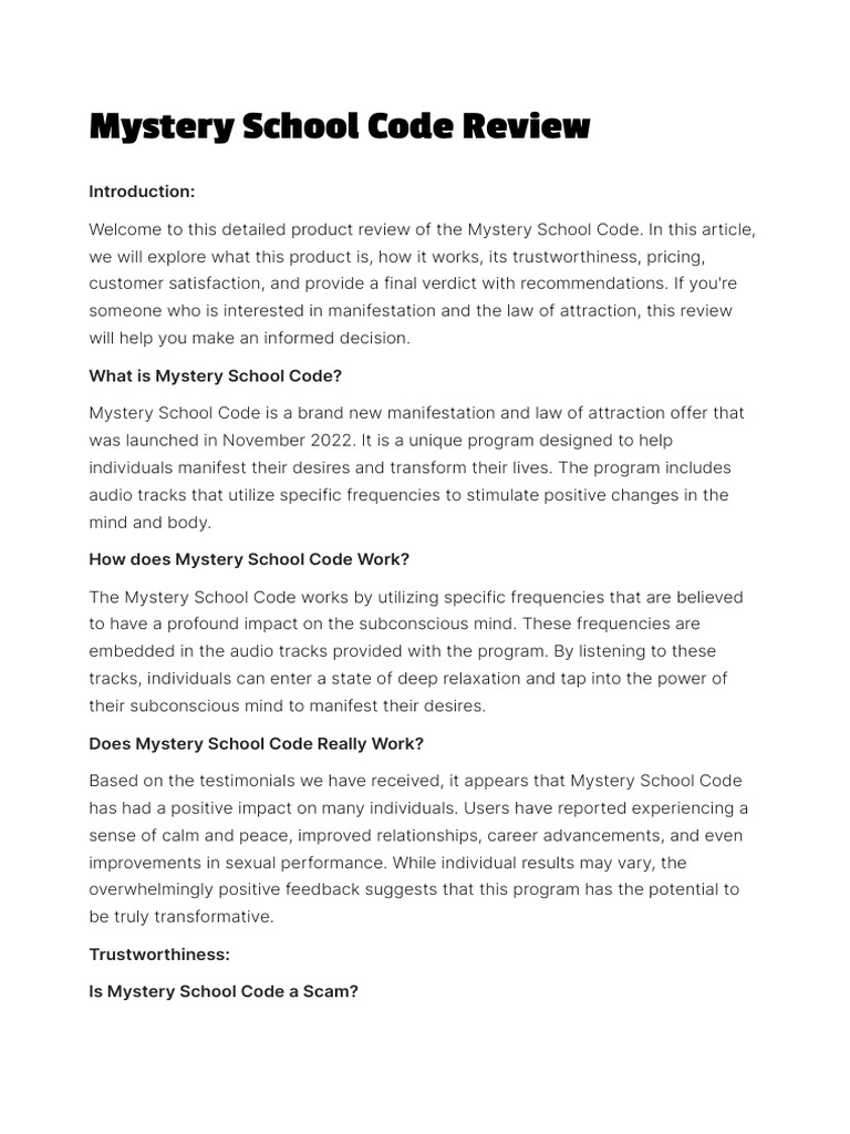 Mystery School Code Review | PDF | Law Of Attraction (New Thought) | Pricing