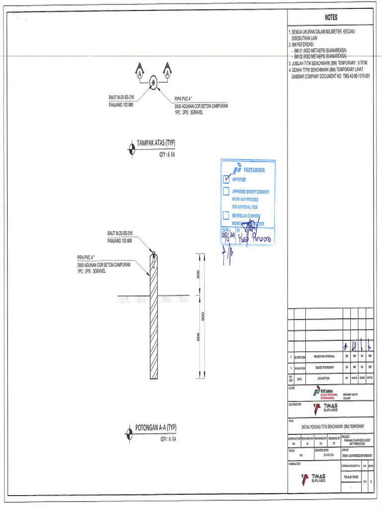 Tms-A3-85-1310-002 Detail Pondasi Titik BM Temporary - Rev.0 - Apv - 1 Apr 24 | PDF