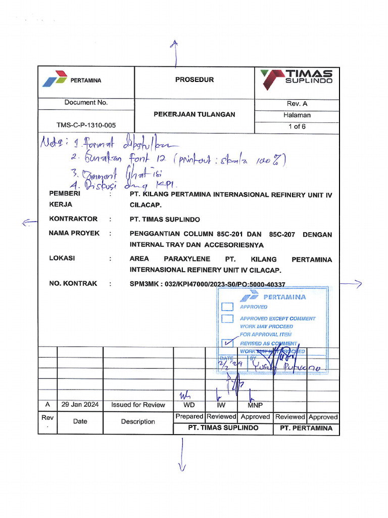 TMS-C-P-1310-005 - Proc - Pekerjaan Tulangan - Rev.a - Rev - 5 Feb 24 | PDF