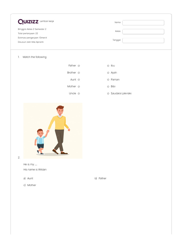 Lembar Kerja Bahasa Inggris Kelas 2 | PDF
