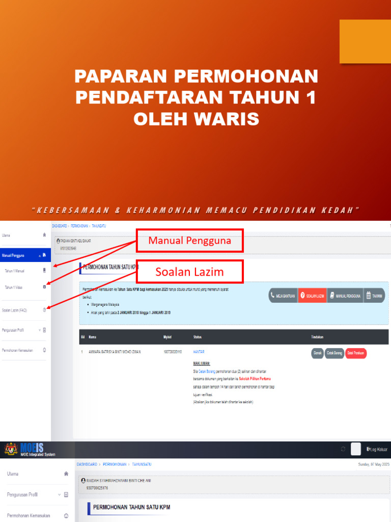 Manual Pengguna Permohonan Tahun 1 Oleh Waris | PDF