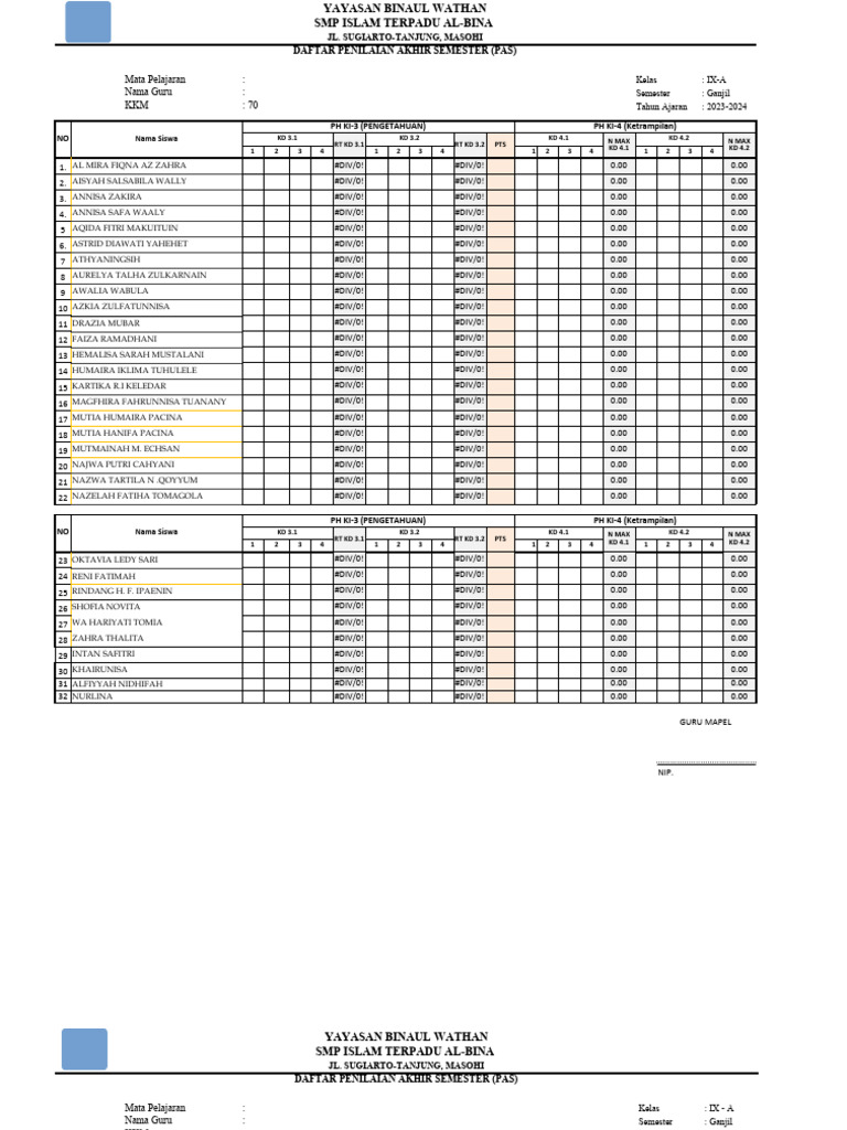 Daftar Nilai Kelas Ix A Pdf
