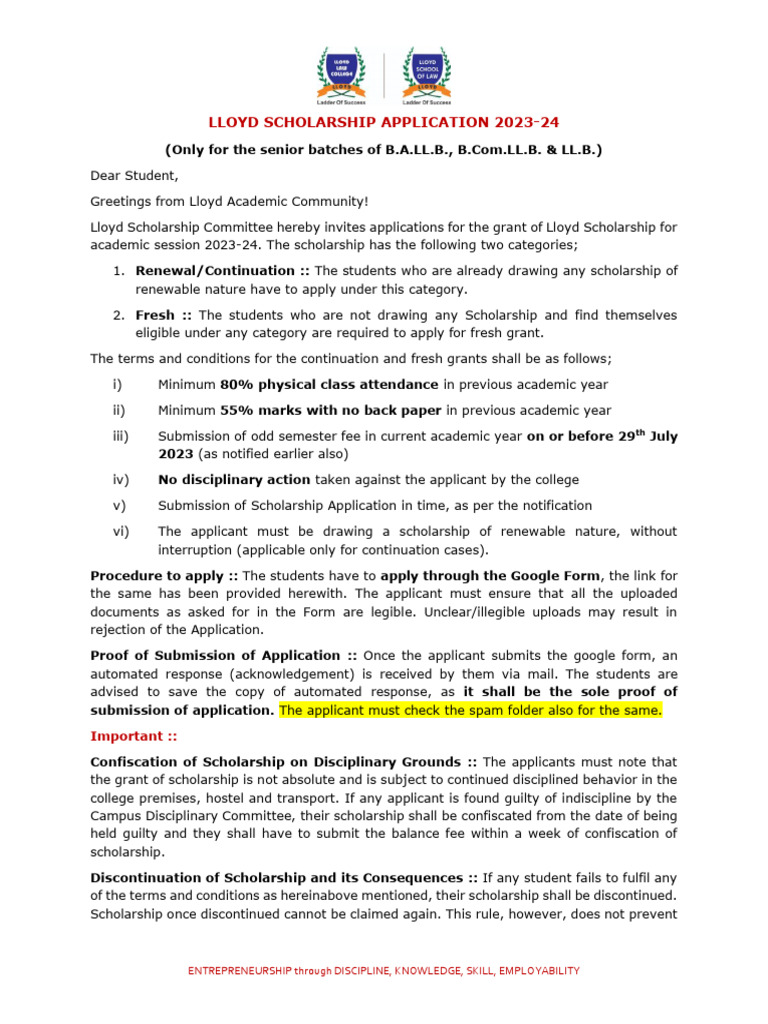 Lloyd Scholarship Application 2023-24: Important | PDF | Career & Growth | Business