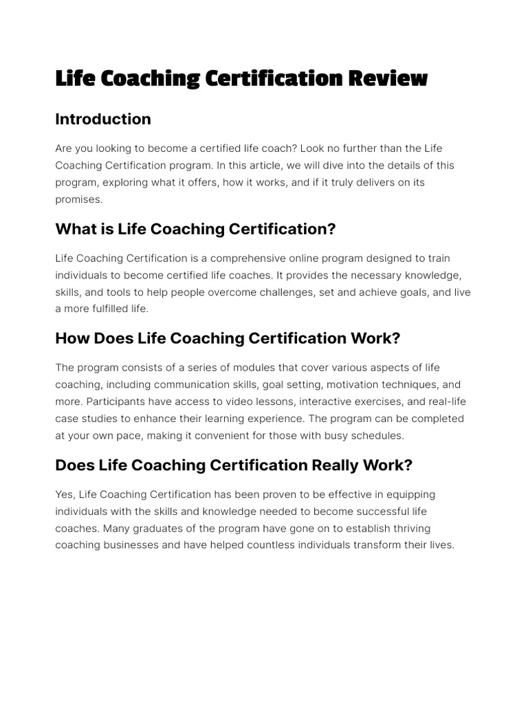 Life Coaching Certification Program Review | PDF | Certification | Goal