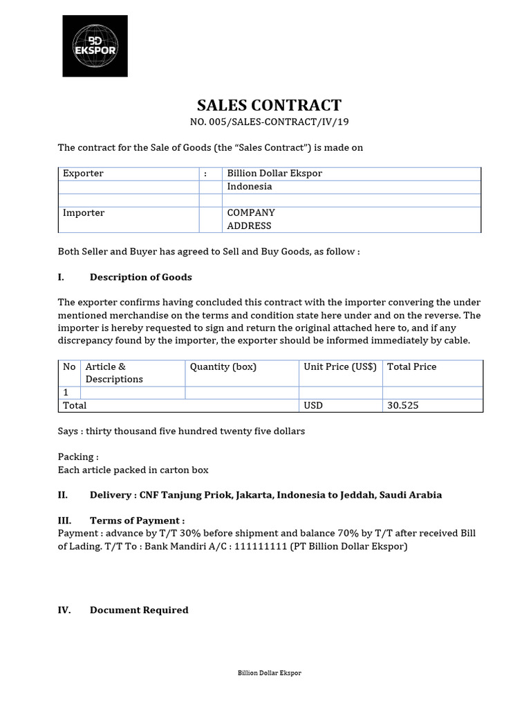 Sales Contract for Goods Export to Jeddah | PDF | Bill Of Lading