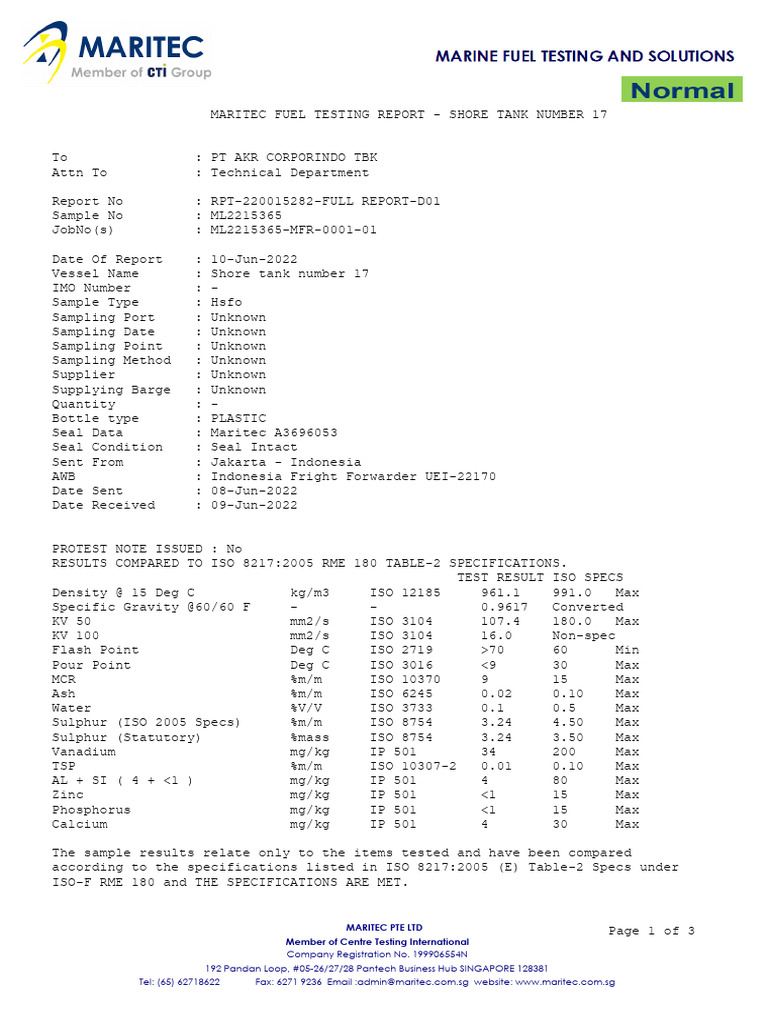 COA Shore Tank 17 MFO Import Juni 2022 Update | PDF