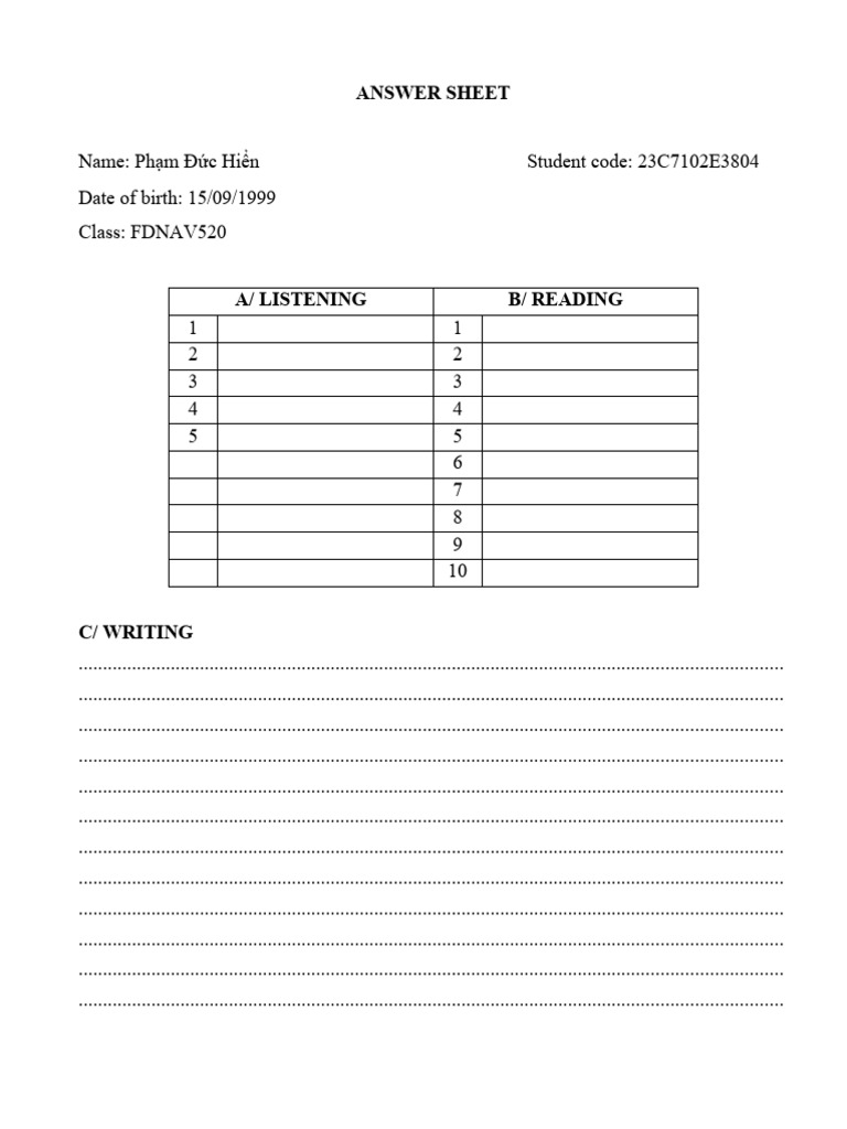 Student Answer Sheet Template | PDF