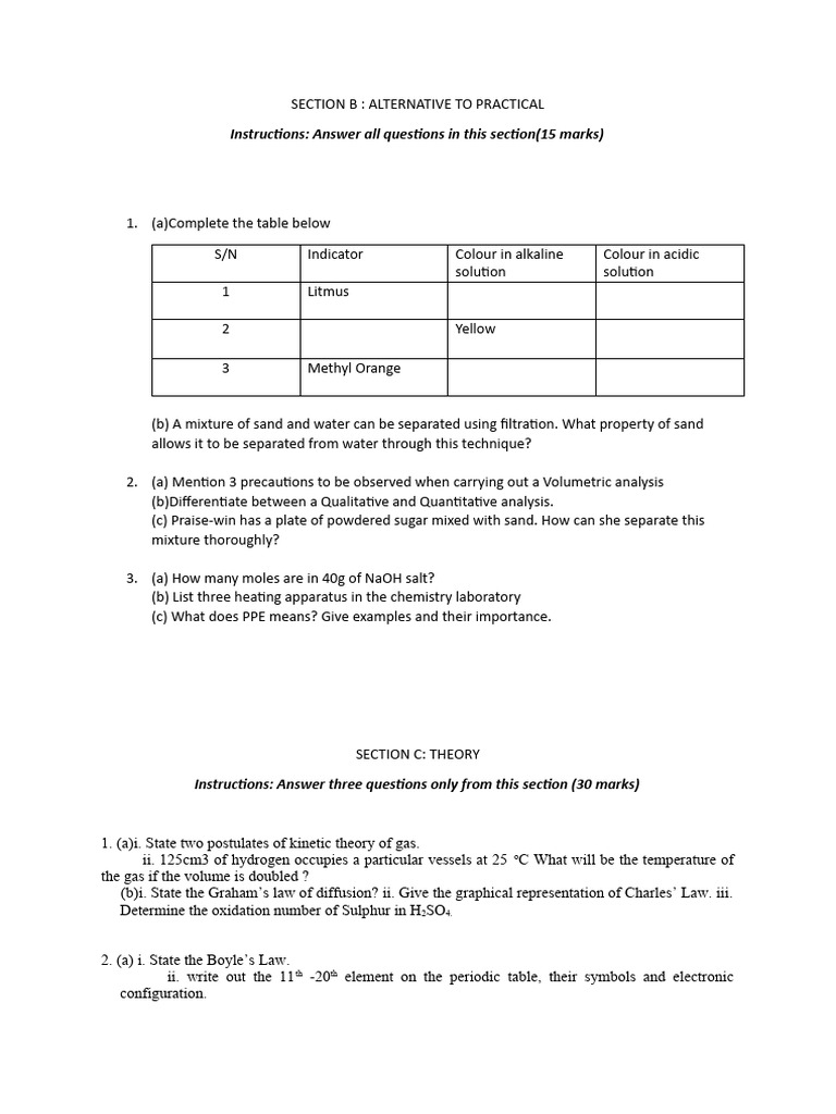 ss1 Theory and Practical Questions | PDF | Gases | Atoms