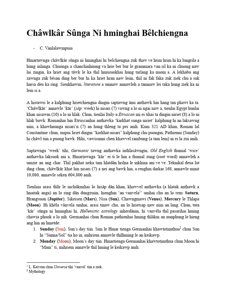 Origins of Weekday Names in Hmar | PDF | Planets In Astrology ...