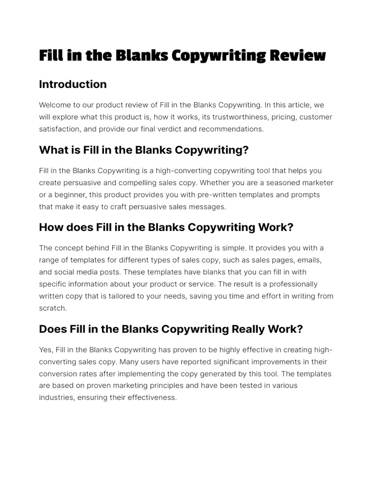 Fill in The Blanks Copywriting Review | PDF | Copywriting | Marketing