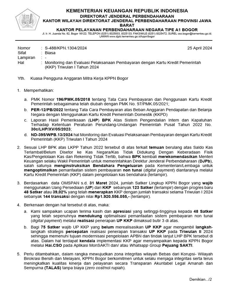 Monitoring Dan Evaluasi Pelaksanaan Pembayaran Dengan Kartu Kredit Pemerintah (KKP) Triwulan I ...