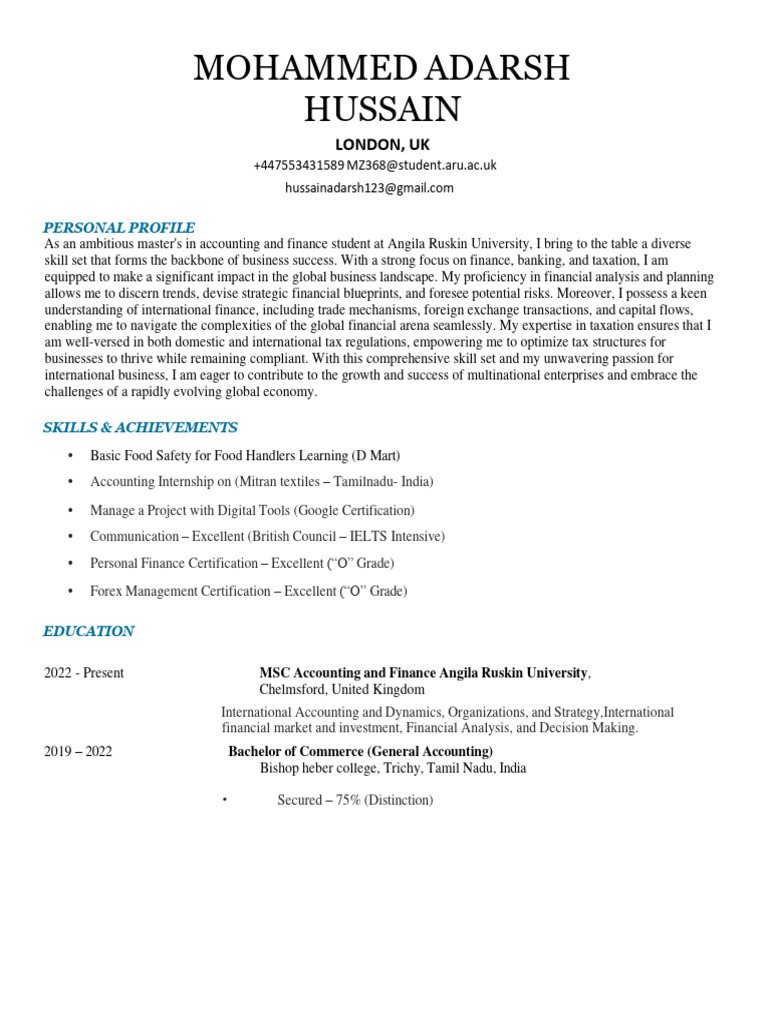 Mohammed Adarsh Hussain CV | PDF | Foreign Exchange Market | Taxes