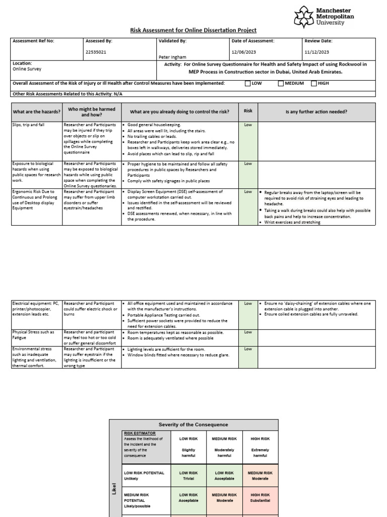 Risk Assessment For Online Dissertation Project | PDF | Risk | Hazards