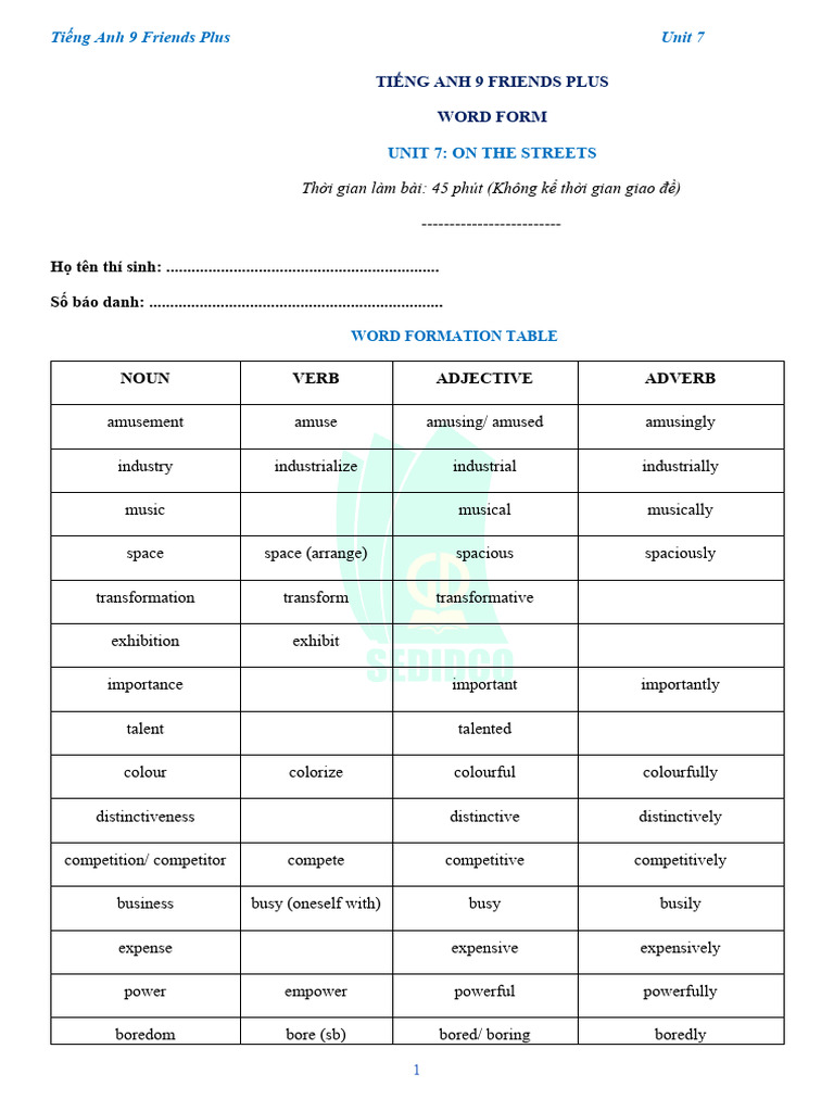 Word Formation in Unit 7: Friends Plus | PDF | Languages | Foreign ...